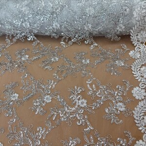 Silver Floral Lace Fabric by Yard Embroidery Corded With Sequins, Non ...