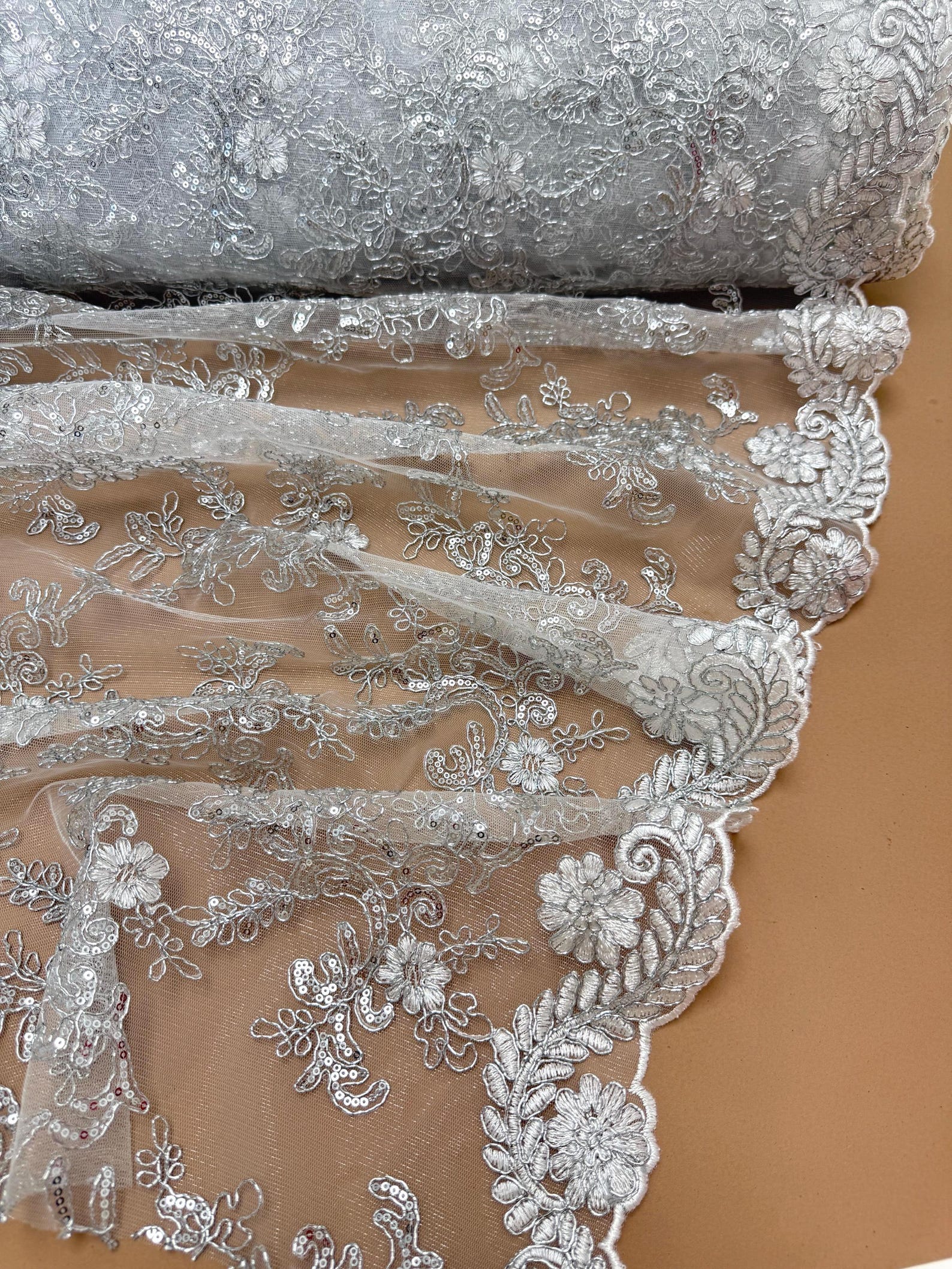 Silver Floral Lace Fabric by Yard Embroidery Corded With Sequins, Non ...
