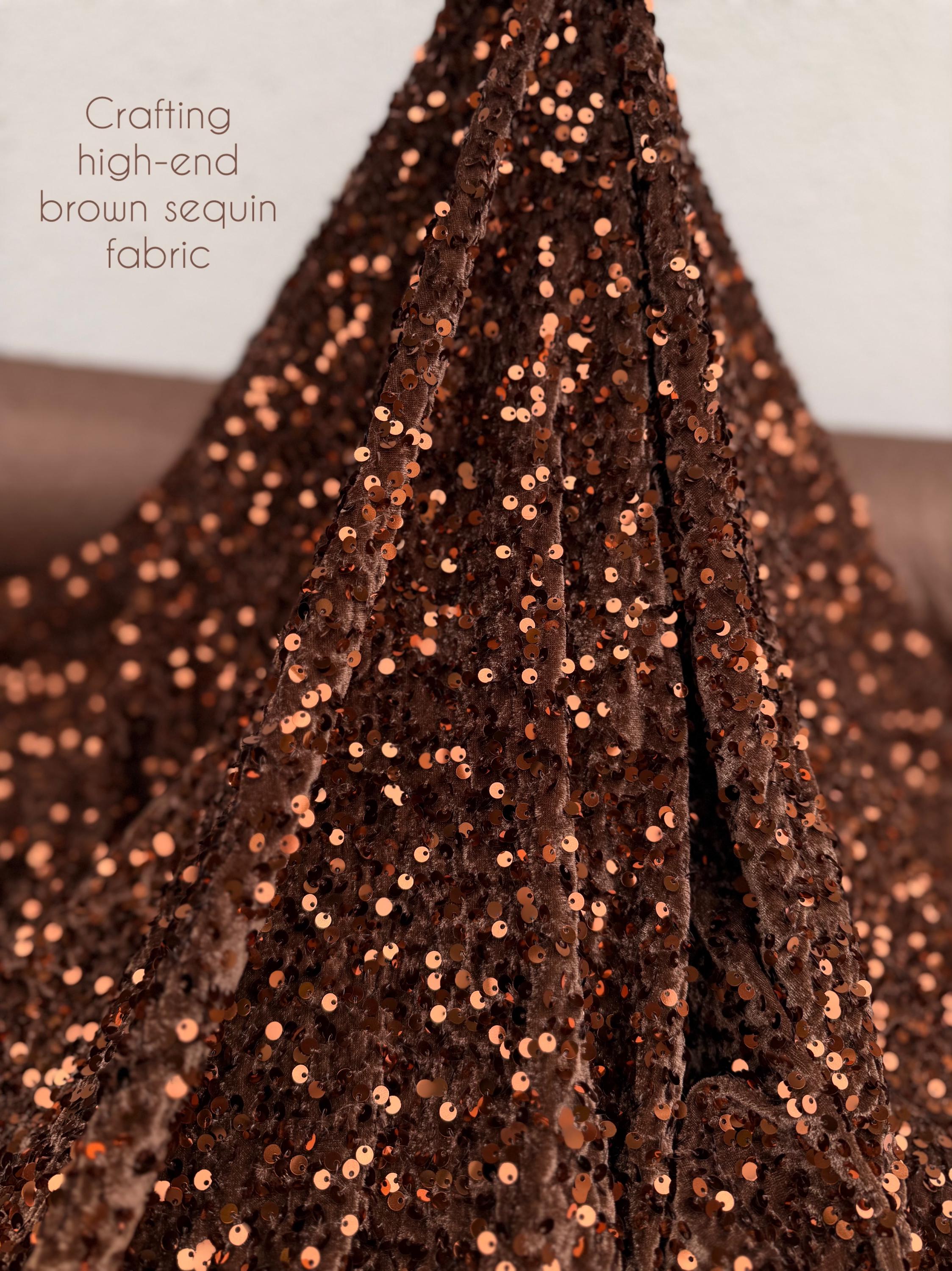 Brown Sequins on Stretch Brown Velvet Fabric, Luxury Brown Sequined ...