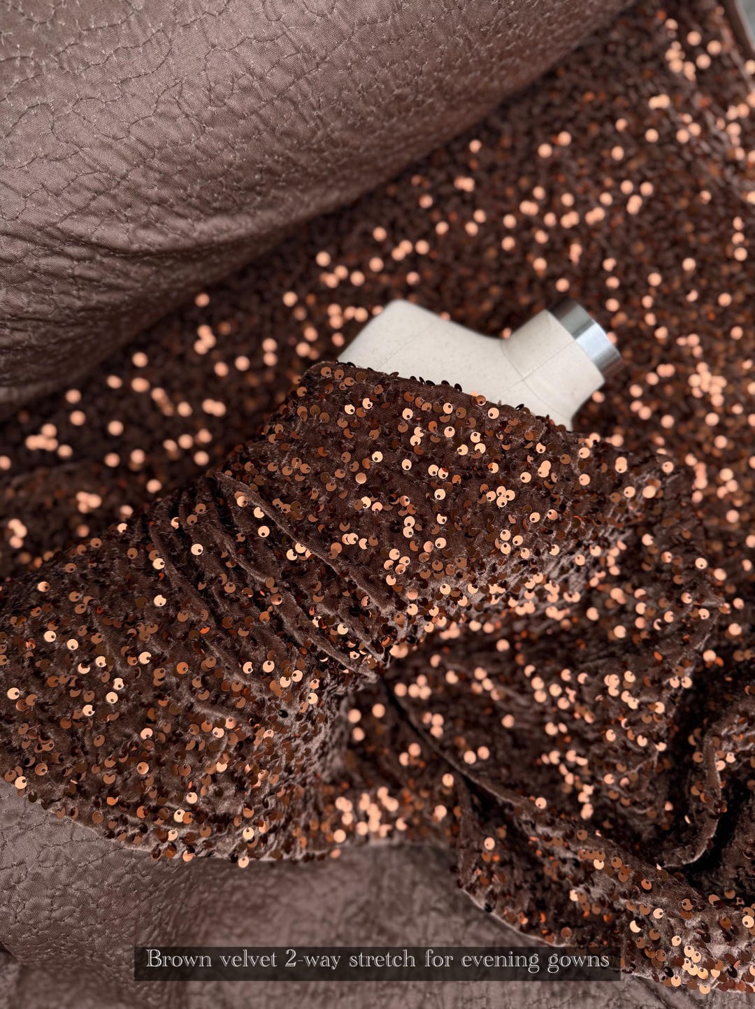 Brown Sequins on Stretch Brown Velvet Fabric, Luxury Brown Sequined ...