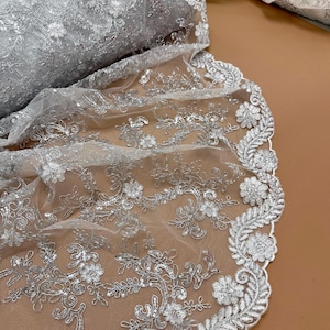 Silver Floral Lace Fabric by Yard Embroidery Corded With Sequins, Non ...