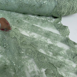 Floral Sage Green Lace Fabric by Yard Embroidery Corded With Sequins ...