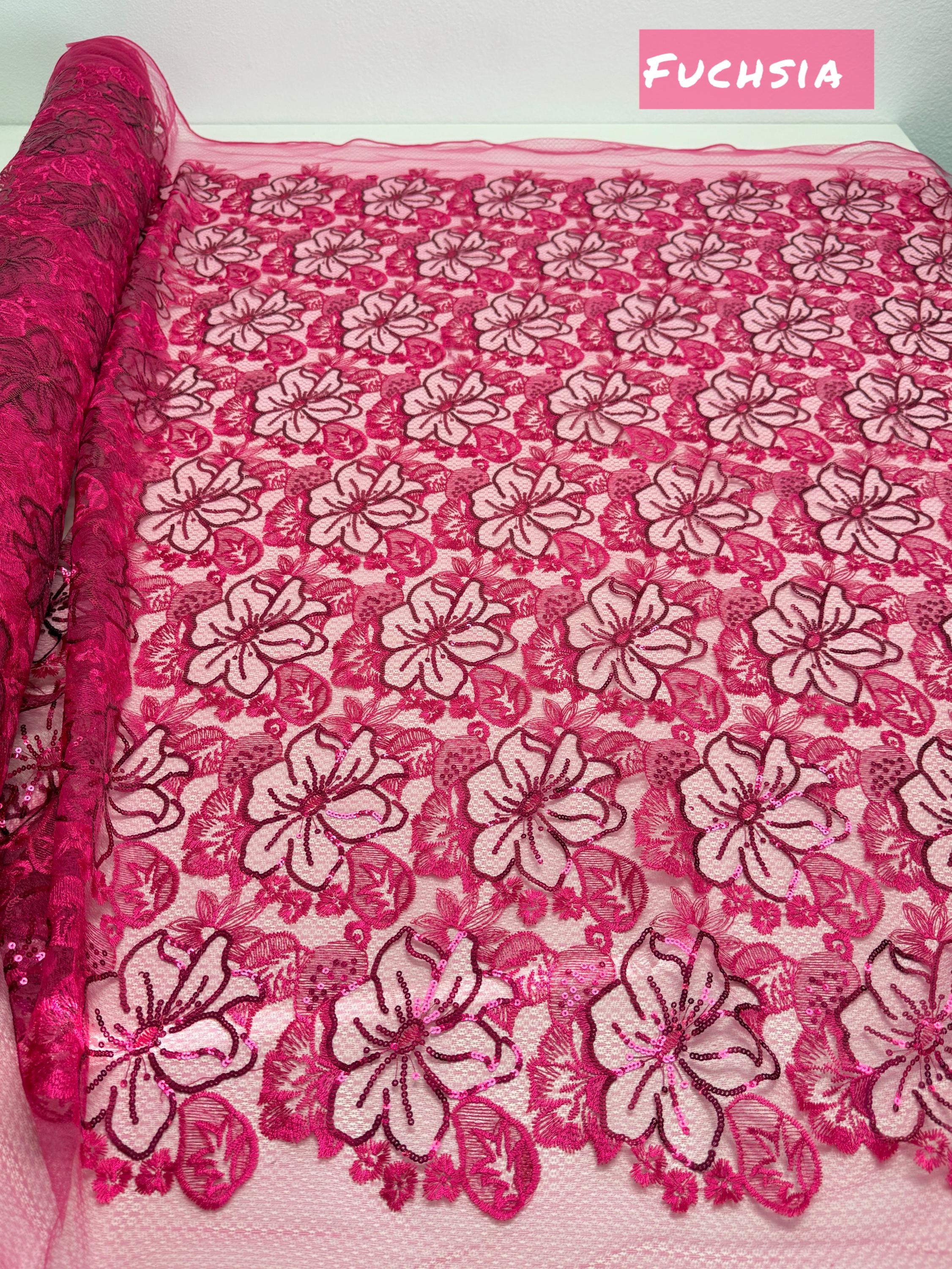 Fuchsia Floral Sequin Embroidered Lace Fabric, Bright Pink Mesh, DIY ...