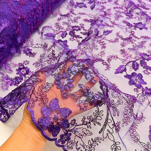 Purple Floral Lace Fabric by Yard Embroidery Corded With Sequins Fabric ...