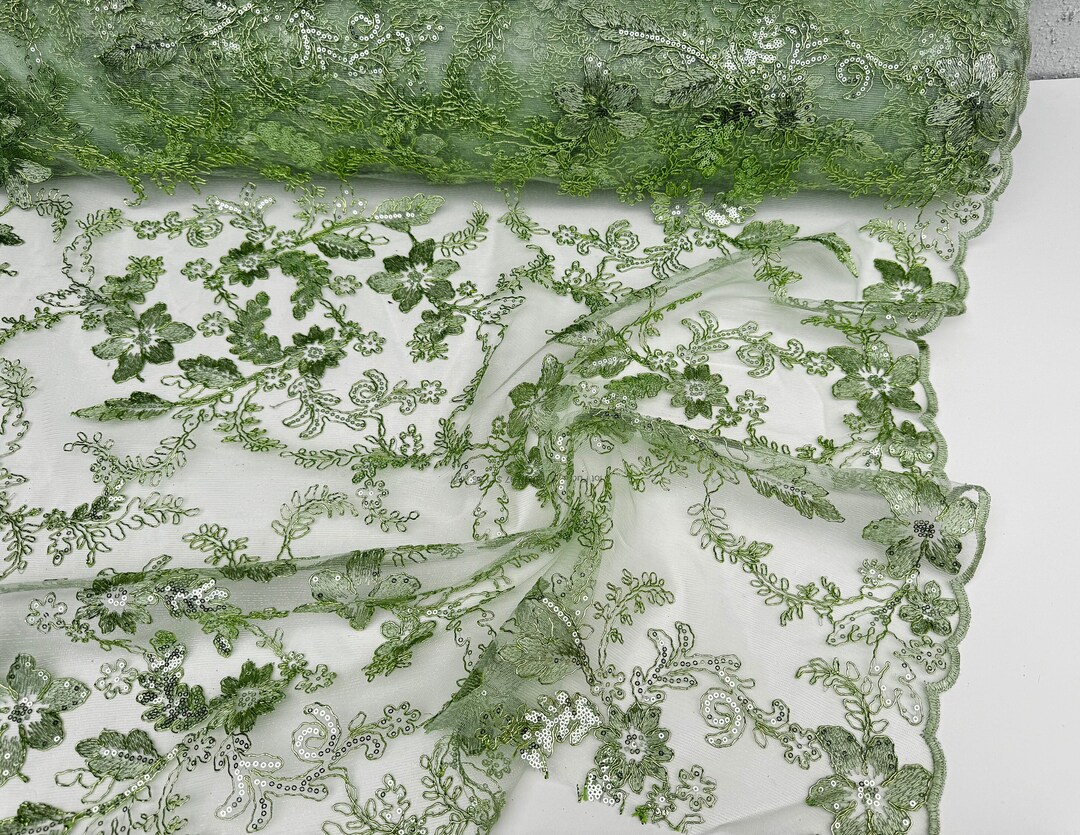 Sage Green Floral Lace Fabric by Yard Embroidery Corded With Sequins ...