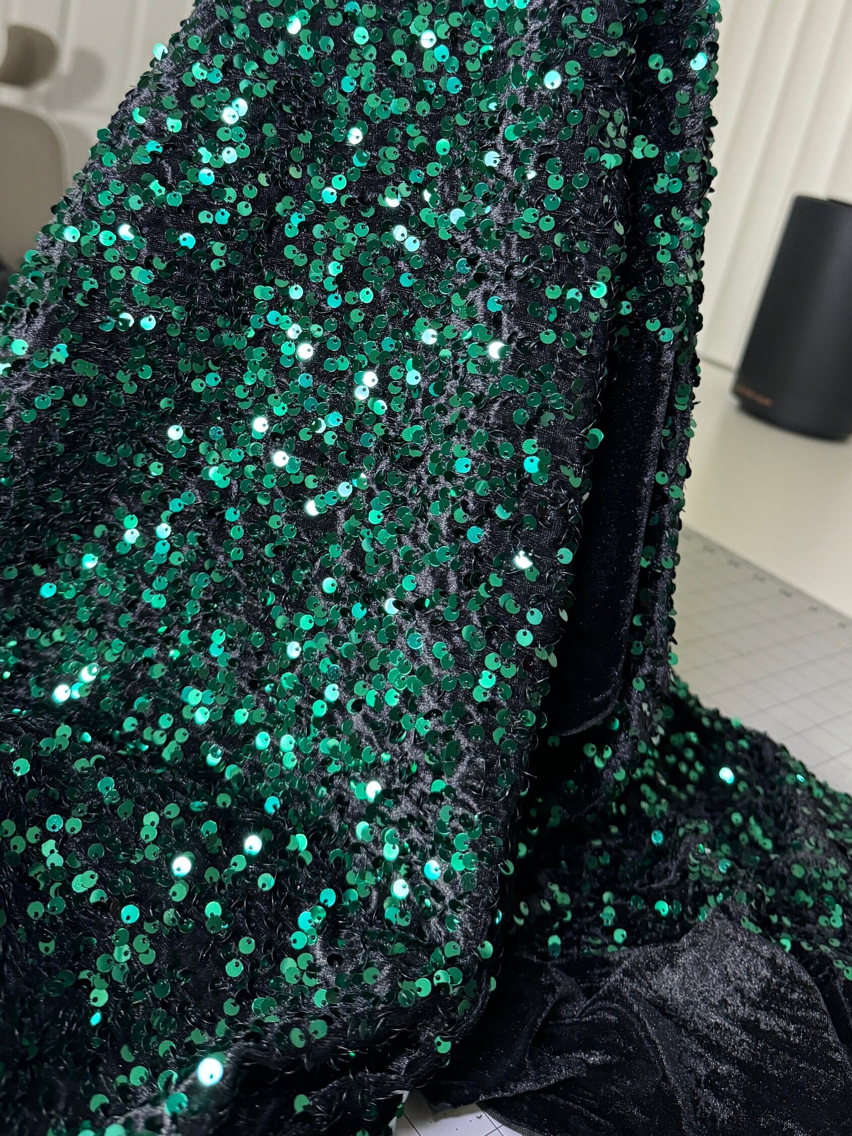 Hunter Green Sequins on Black Stretch Velvet Fabric, Green Sequin ...