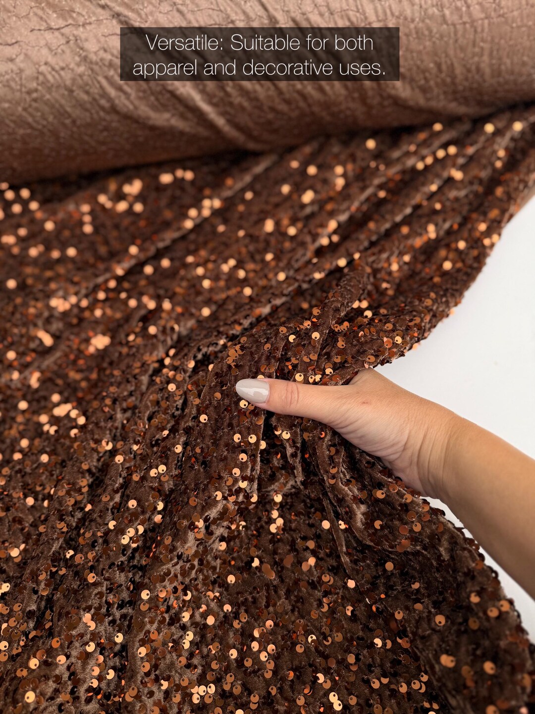 Brown Sequins on Stretch Brown Velvet Fabric, Luxury Brown Sequined ...