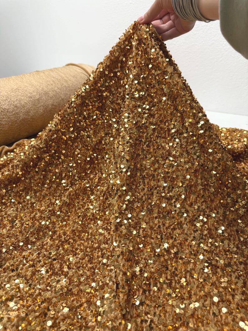 Dark Gold Sequin Velvet Fabric by Yard, All Over Sequins on Stretch ...