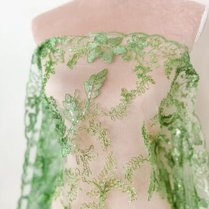 Sage Green Floral Lace Fabric by Yard, Embroidered Corded With Sequins ...