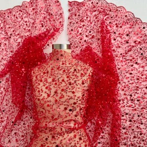 Red Beaded Lace Fabric by Yard | Embroidered With Pearls & Sequins Mesh ...