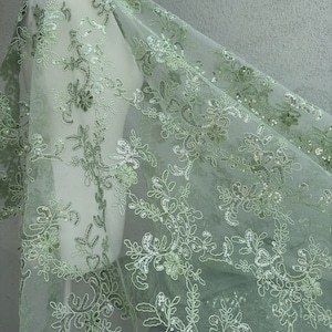 Floral Sage Green Lace Fabric by Yard Embroidery Corded With Sequins ...