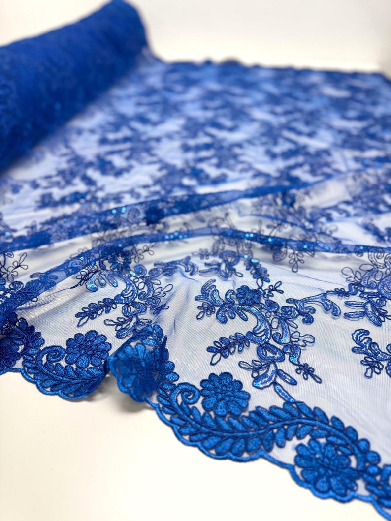 Floral Royal Blue Lace Fabric by Yard Embroidery Corded With Sequins ...