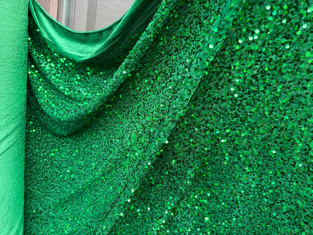 Emerald Green Sequins On Stretch Velvet Green Sparkle Fabric By The