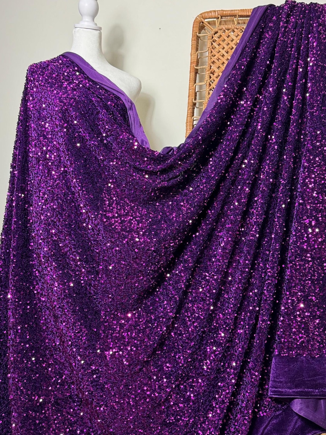 Purple Sequins on Stretch Velvet Fabric, Luxury Violet Sequined Fabric ...