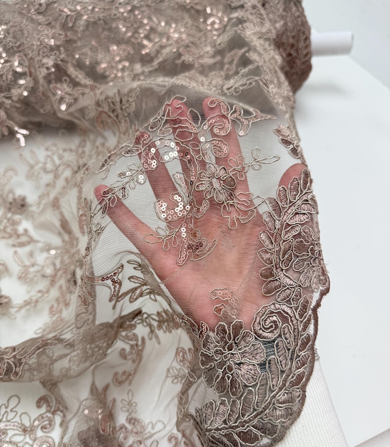 Floral Brown Lace Fabric by Yard Embroidery Corded With Sequins Fabric ...