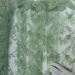 Floral Sage Green Lace Fabric by Yard Embroidery Corded With Sequins ...