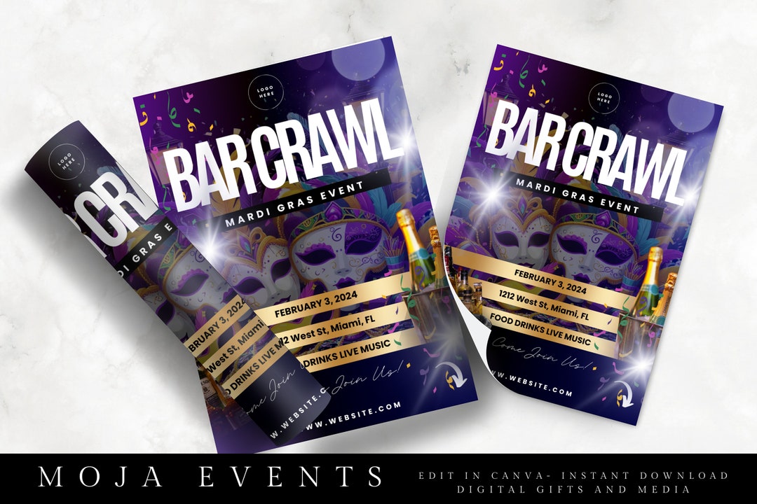 MARDI GRAS Bar Crawl Event Flyer - Digital Template - Carnival Party, Digital Download, Editable ...