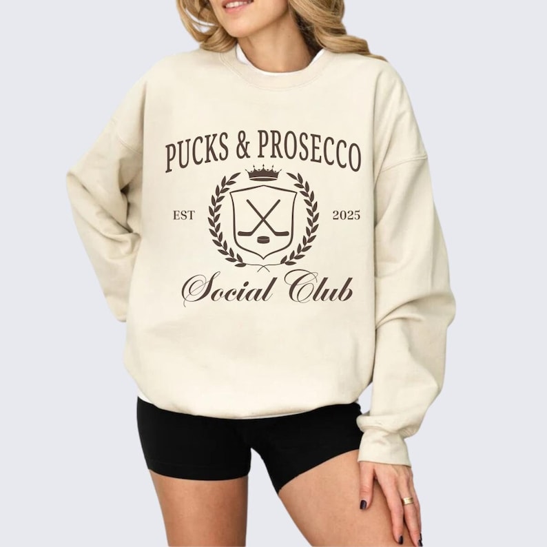 Pucks and Prosecco Social Club Crewneck Sweatshirt, Hockey Mom Sweater ...