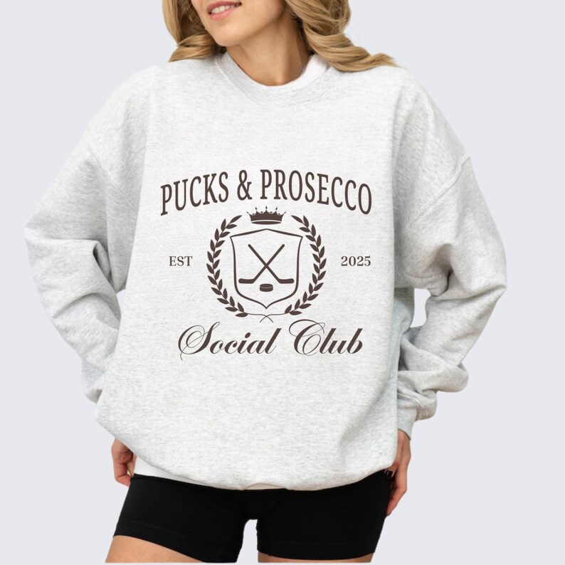 Pucks and Prosecco Social Club Crewneck Sweatshirt, Hockey Mom Sweater ...