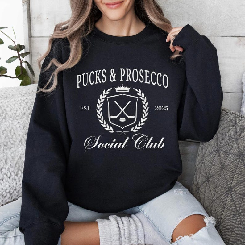 Pucks and Prosecco Social Club Crewneck Sweatshirt, Hockey Mom Sweater ...