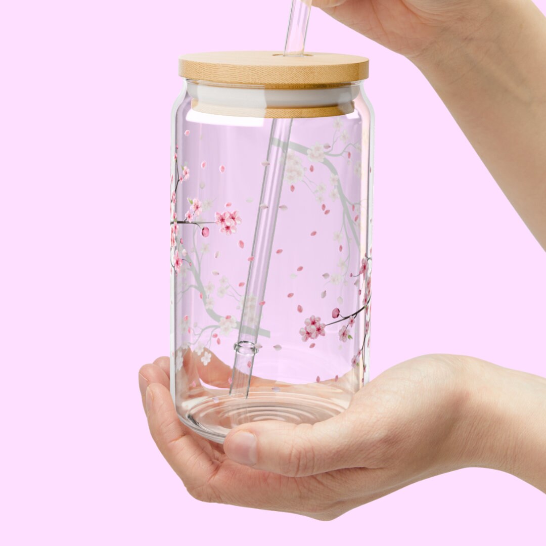 Serene Beauty Inspired Cherry Blossom Glass - Stylish Sipper With Lid ...