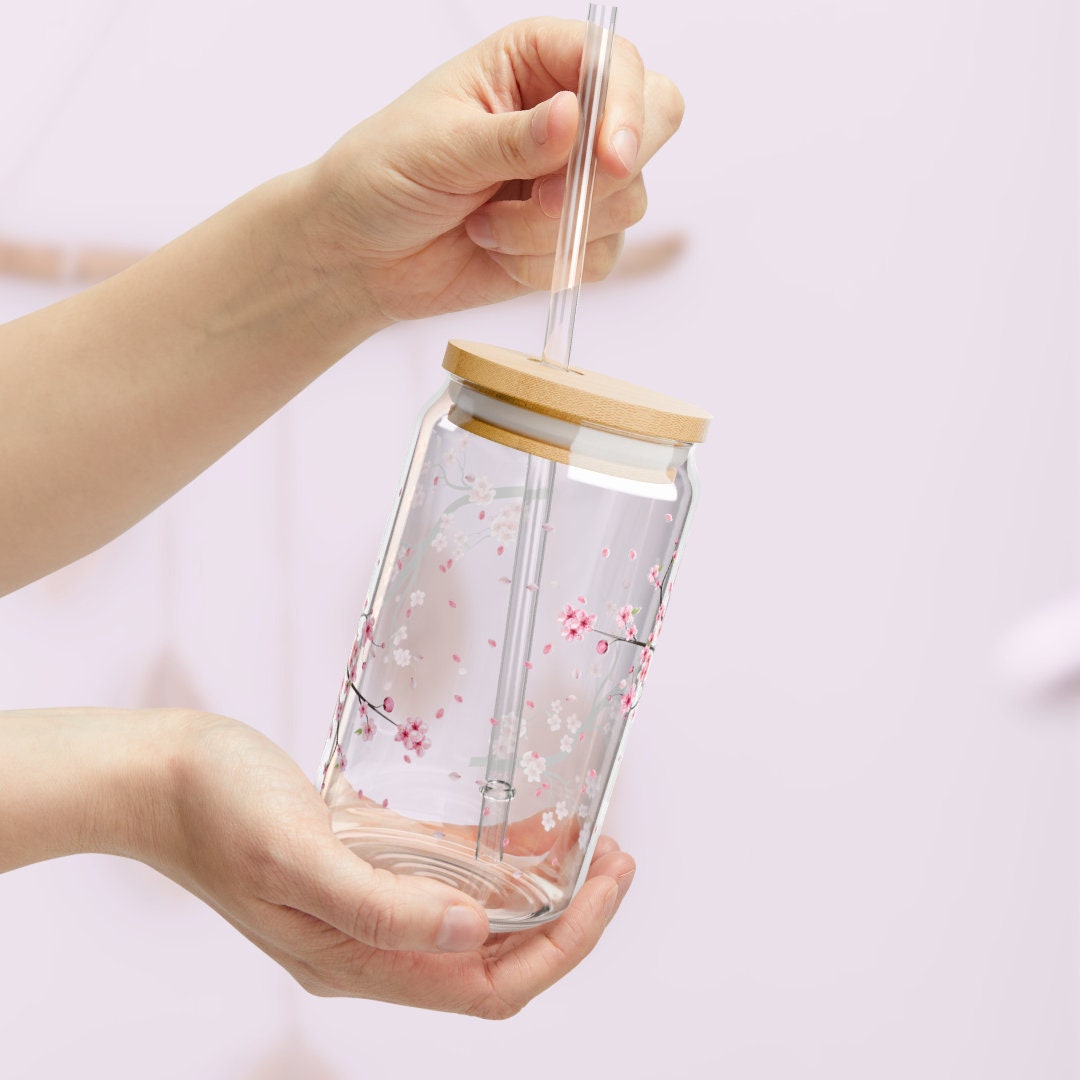 Serene Beauty Inspired Cherry Blossom Glass - Stylish Sipper With Lid ...