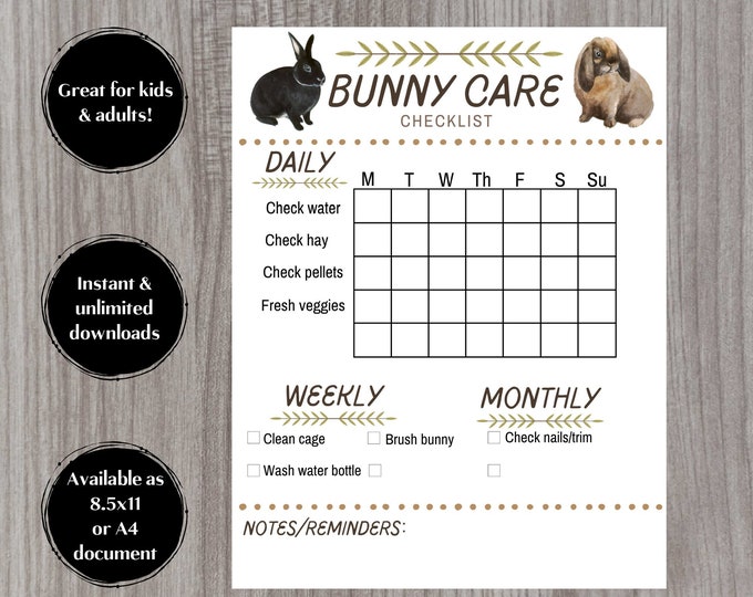 Bunny Rabbit Chore Chart Daily & Weekly Chore Chart for Kids Adults or ...