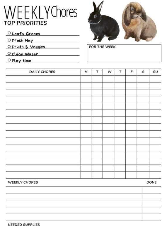 Bunny Rabbit Chore Chart Daily Weekly Care Checklist, Great, 48% OFF