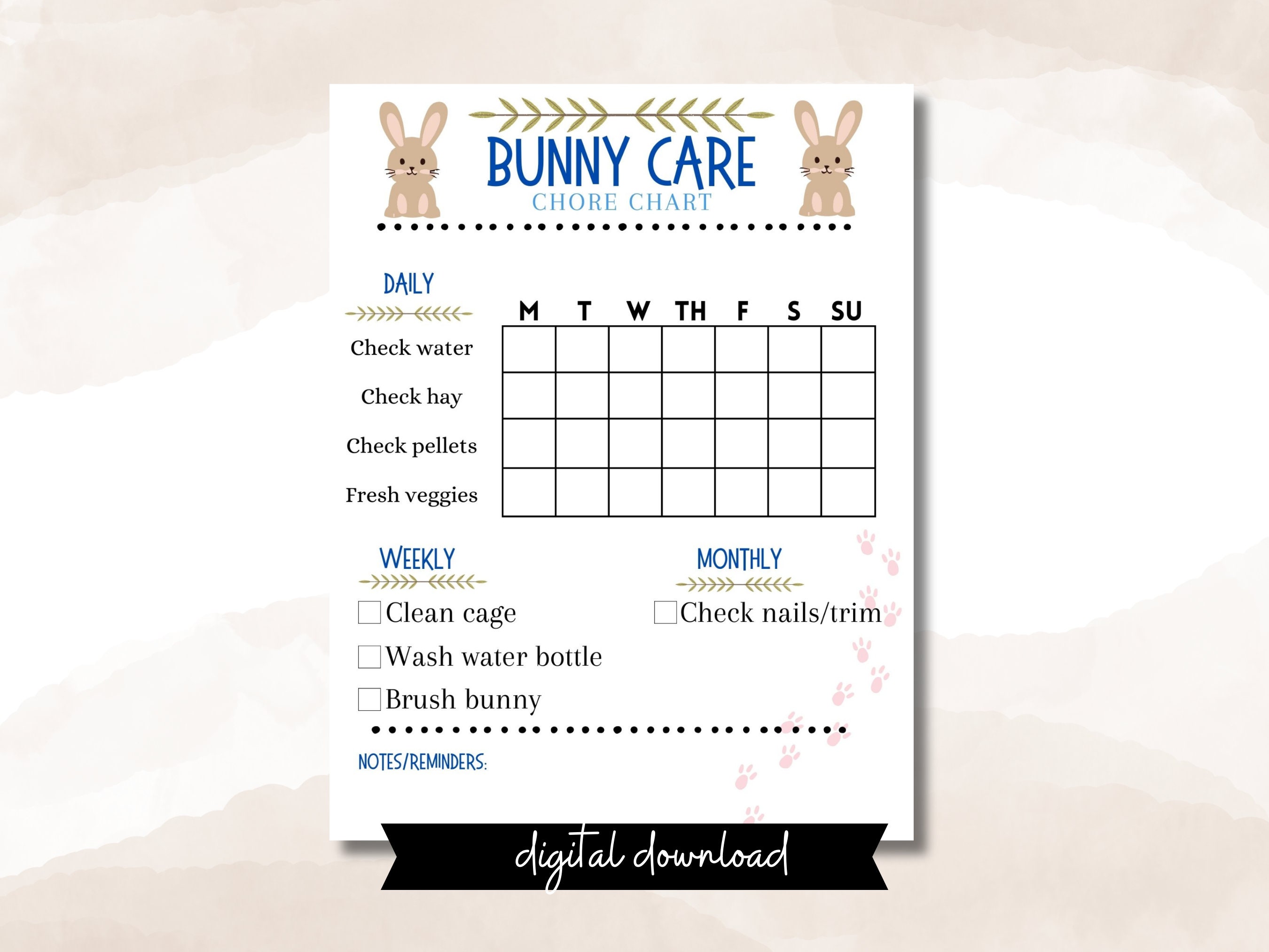 Bunny Chore Chart Printable Rabbit Care List for Kids, Adults or ...