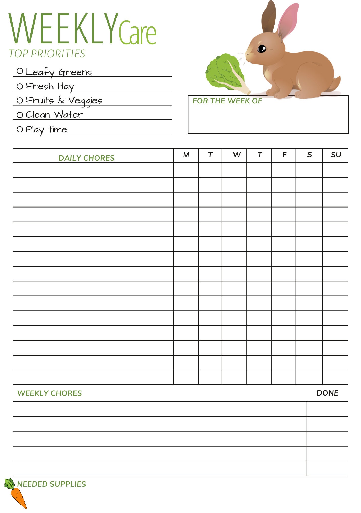 Bunny Chore Chart for Kids Adults or Petsitter Includes Daily and ...