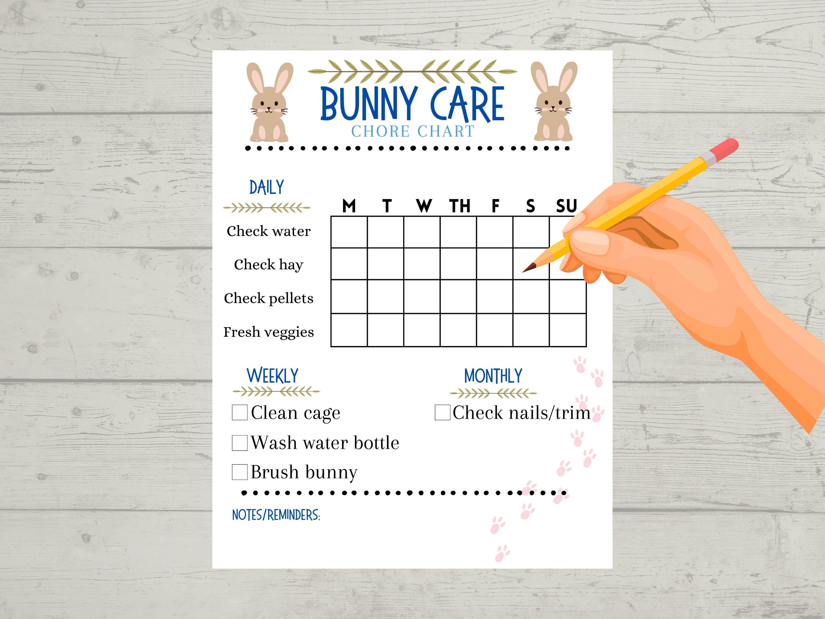 Bunny Chore Chart Printable Rabbit Care List for Kids, Adults or ...