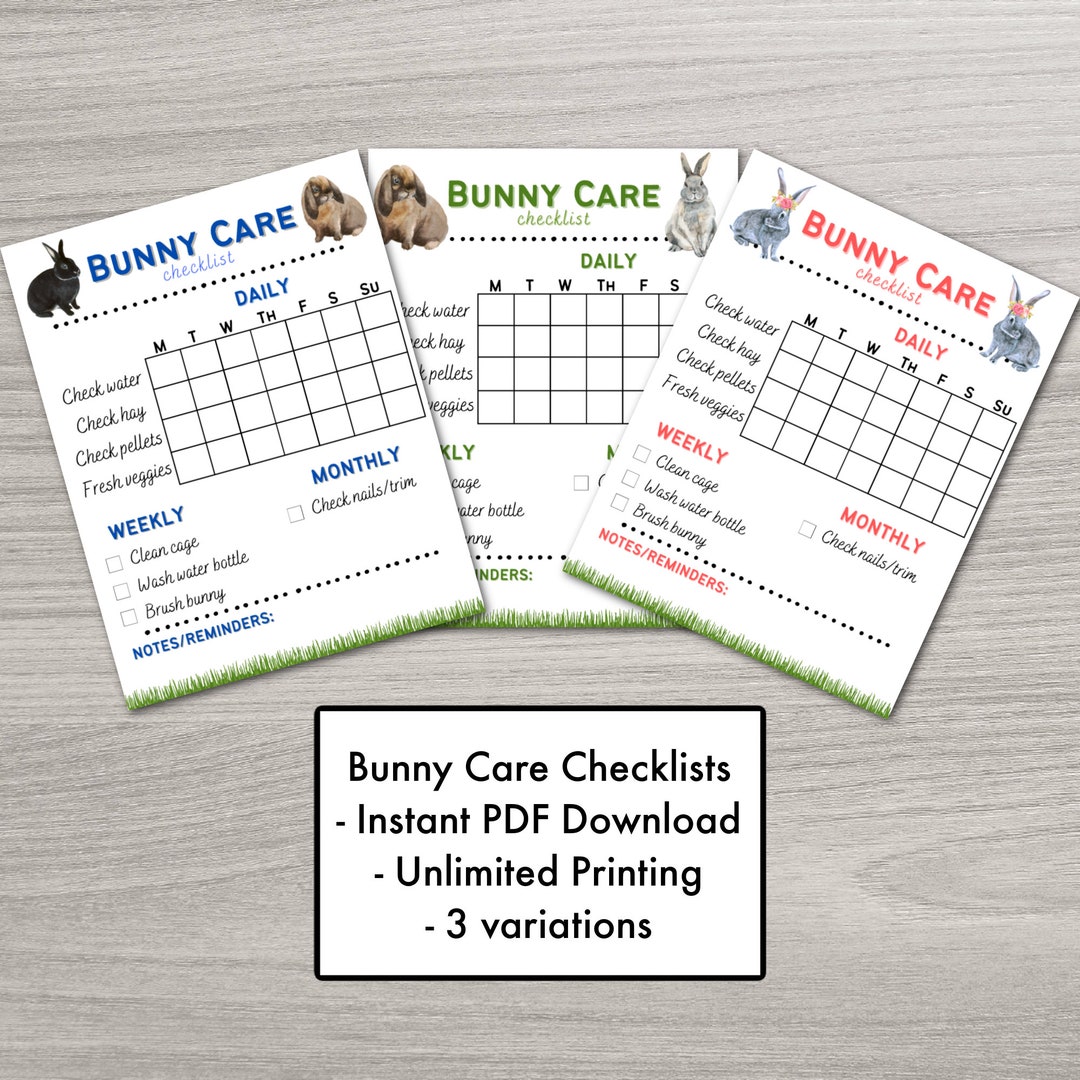 Bunny Care Chore Chart | 3 Colors Daily & Weekly Rabbit Care Tracker ...