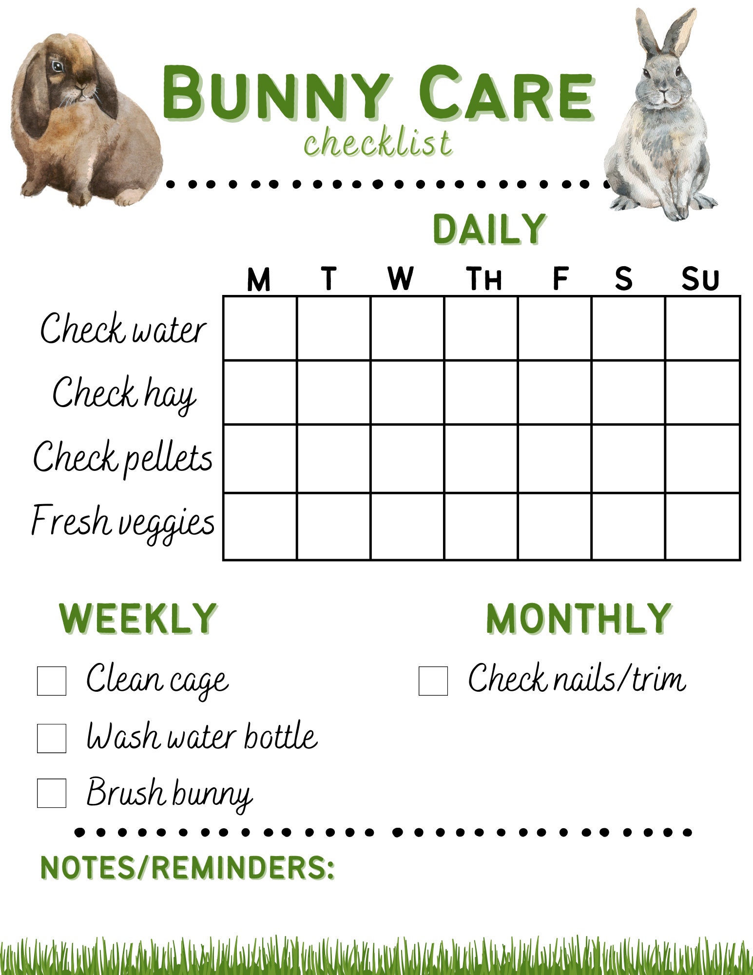 Bunny Care Chore Chart 3 Colors Daily & Weekly Rabbit Care Tracker ...