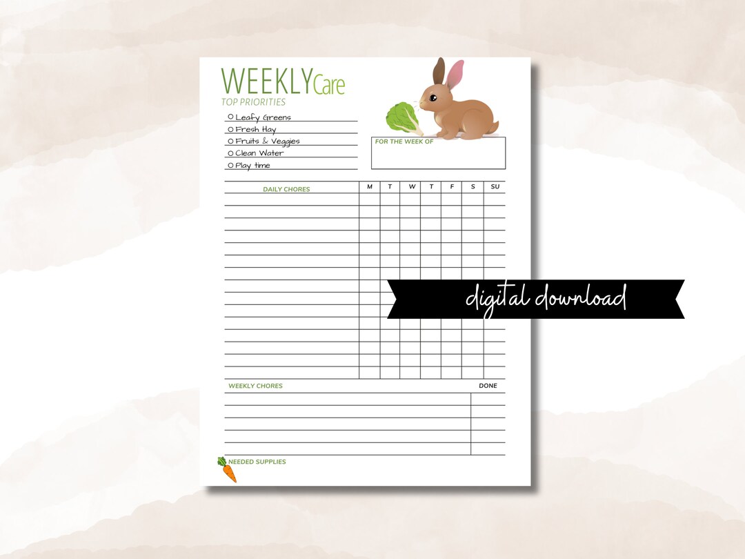 Bunny Chore Chart for Kids Adults or Petsitter - Includes Daily and ...