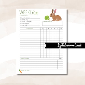 Bunny Chore Chart for Kids Adults or Petsitter - Includes Daily and ...