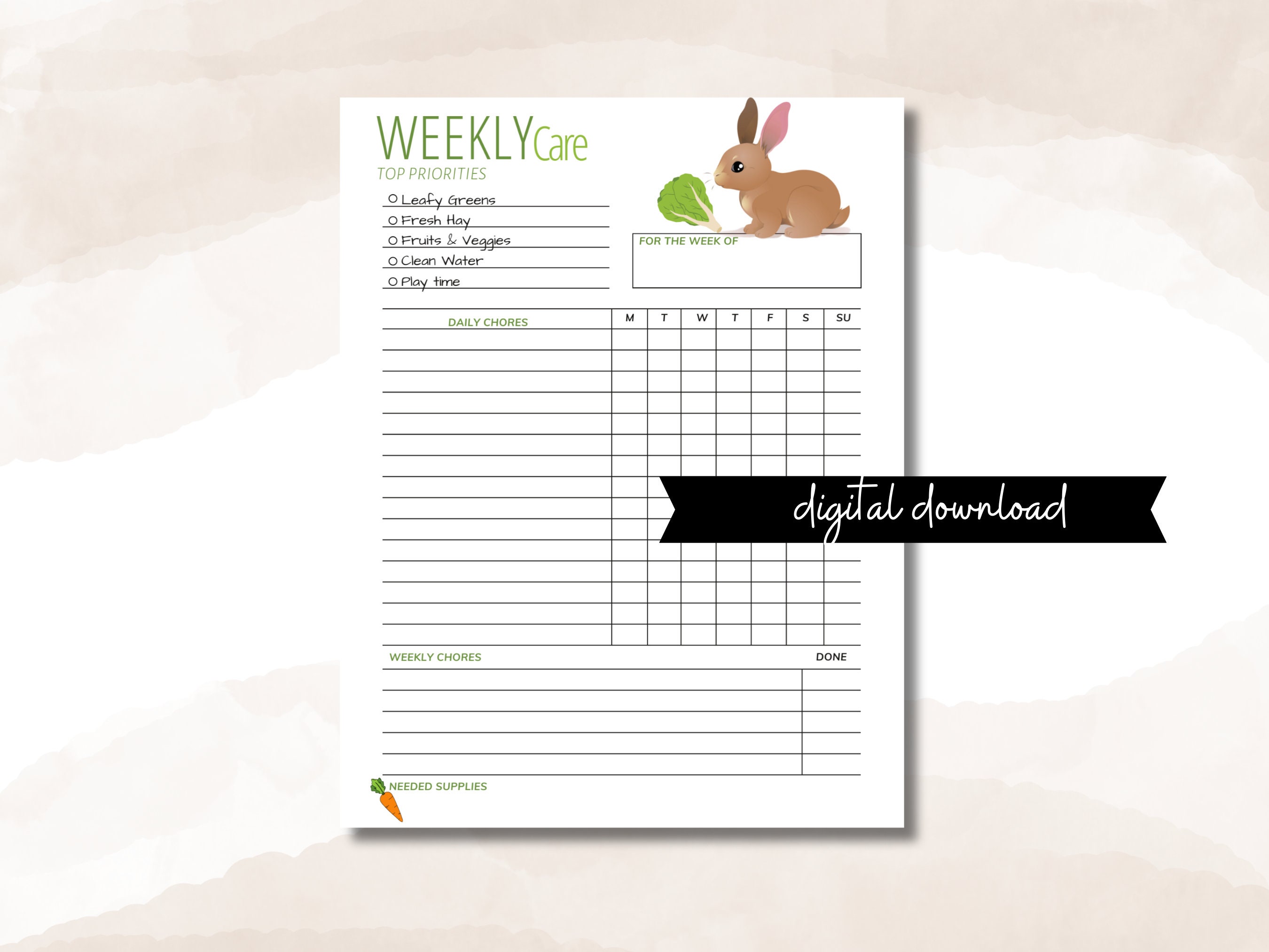 Bunny Chore Chart for Kids Adults or Petsitter Includes Daily and ...