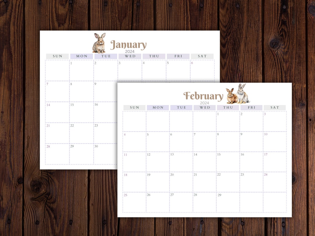 Bunny Rabbit Printable 2024 Wall Calendar 12 Month Minimalist Calendar ...