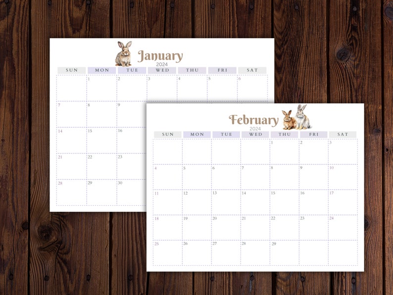 Bunny Rabbit Printable 2024 Wall Calendar 12 Month Minimalist Calendar ...