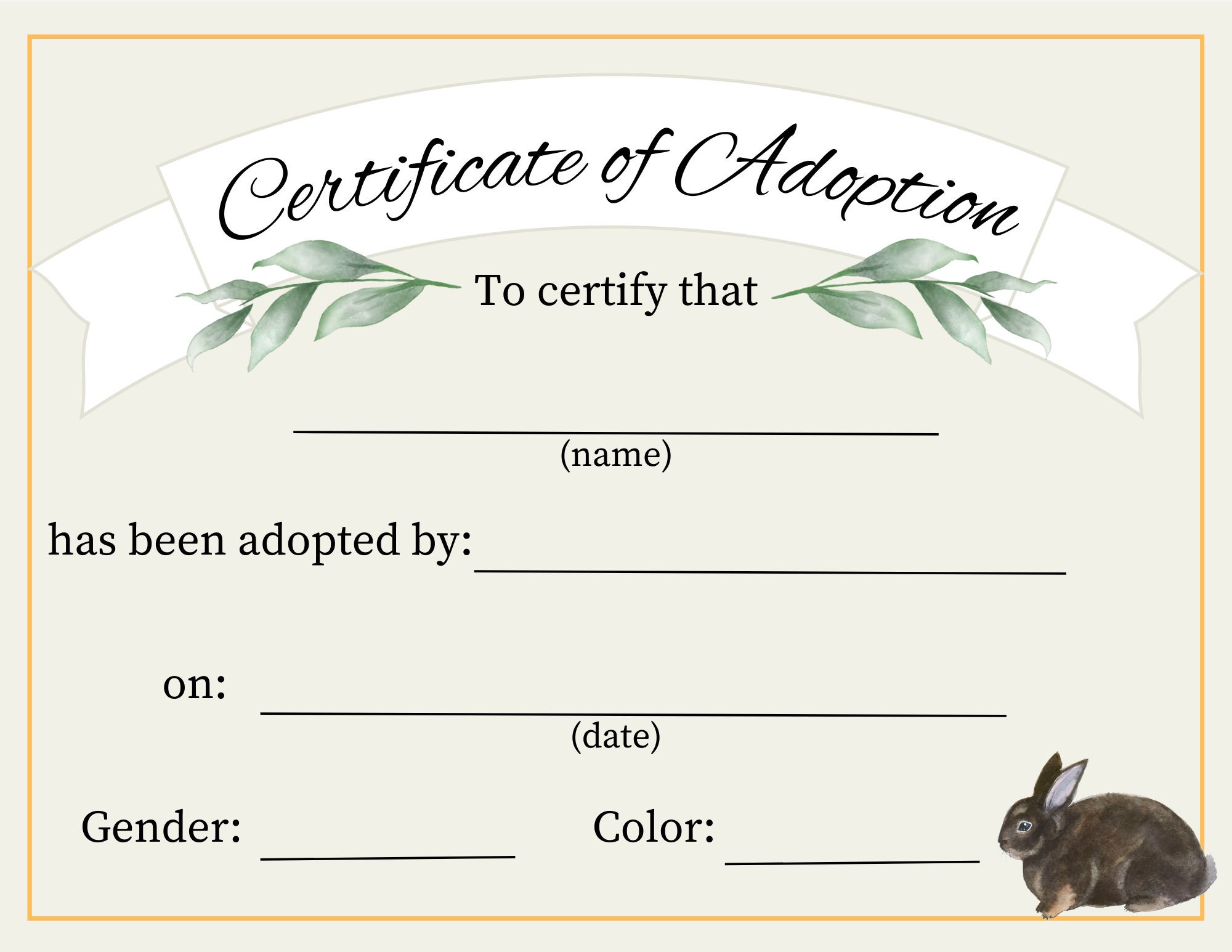 Personalized Bunny Rabbit Adoption Certificate Pet Adoption Pet Gift ...