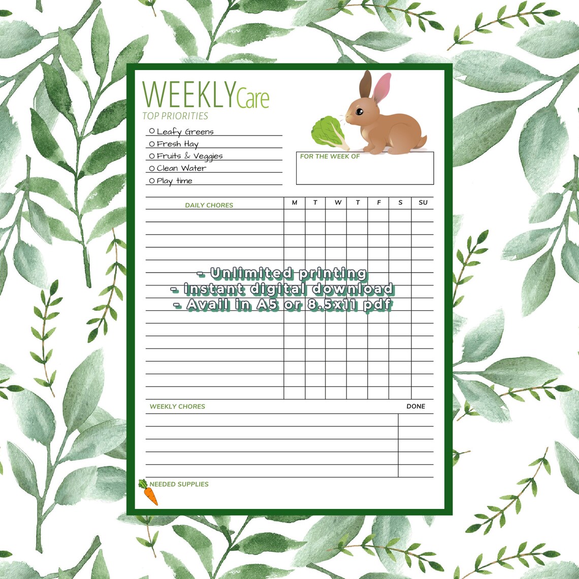 Bunny Chore Chart for Kids Adults or Petsitter Includes Daily and ...