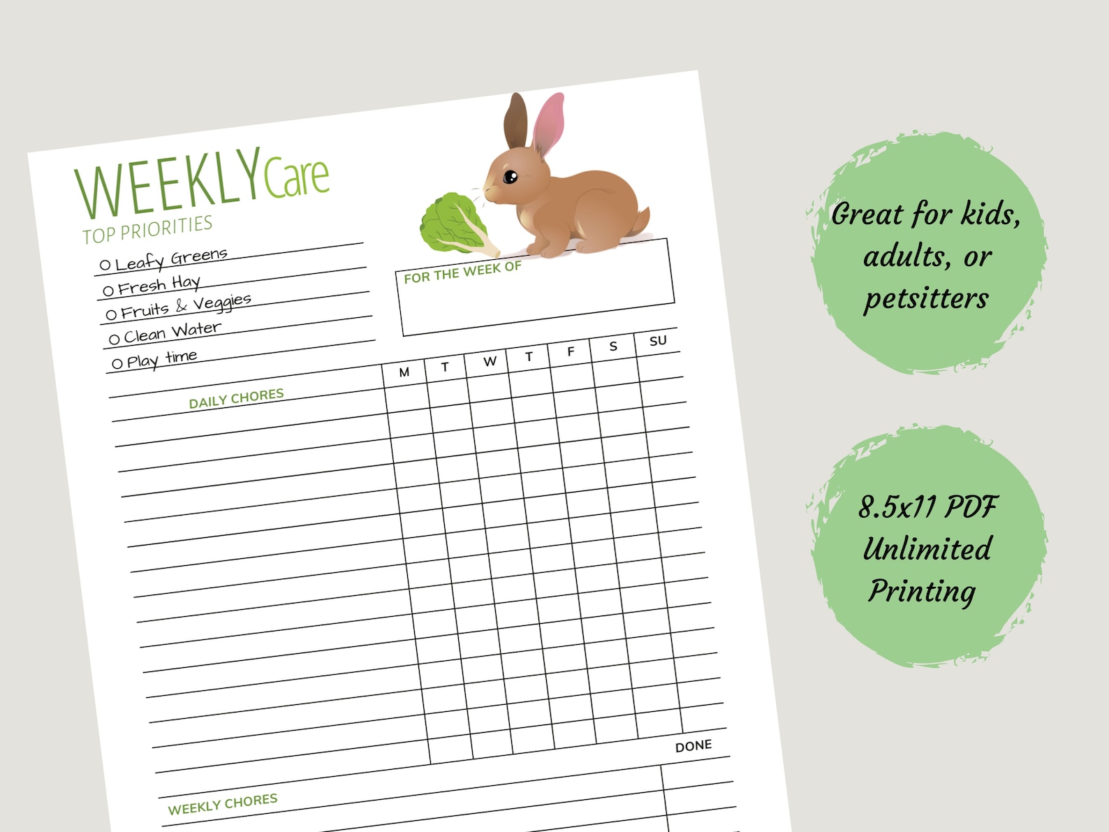 Bunny Chore Chart for Kids Adults or Petsitter Includes Daily and ...