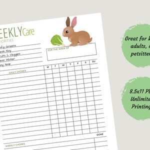 Bunny Chore Chart for Kids Adults or Petsitter - Includes Daily and ...