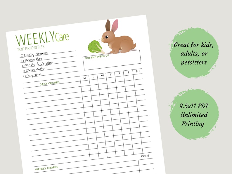 Bunny Chore Chart for Kids Adults or Petsitter Includes Daily and ...