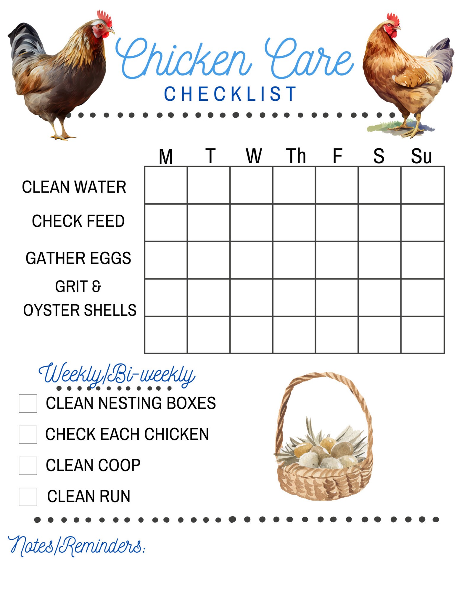 Chicken Chore List Hen Care Chart Task Printable Hen Care Instant ...
