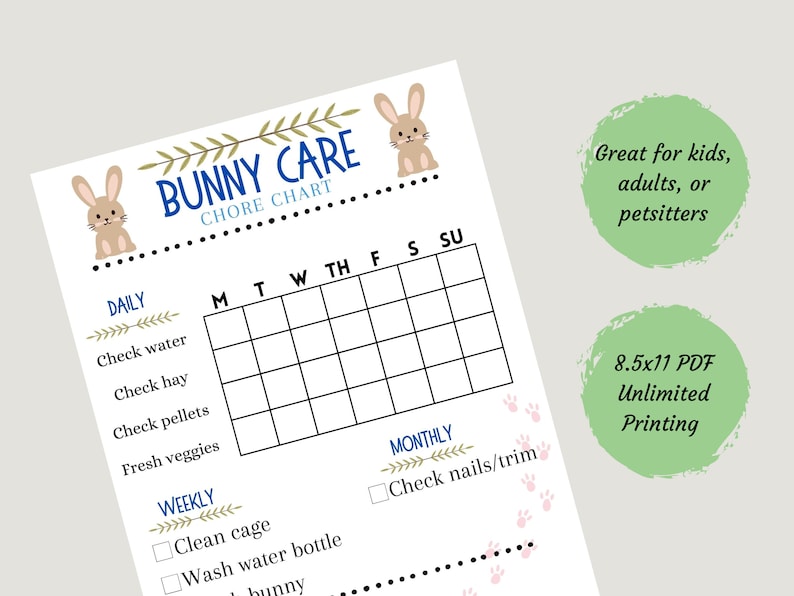 Bunny Chore Chart Printable - Rabbit Care List for Kids, Adults or ...