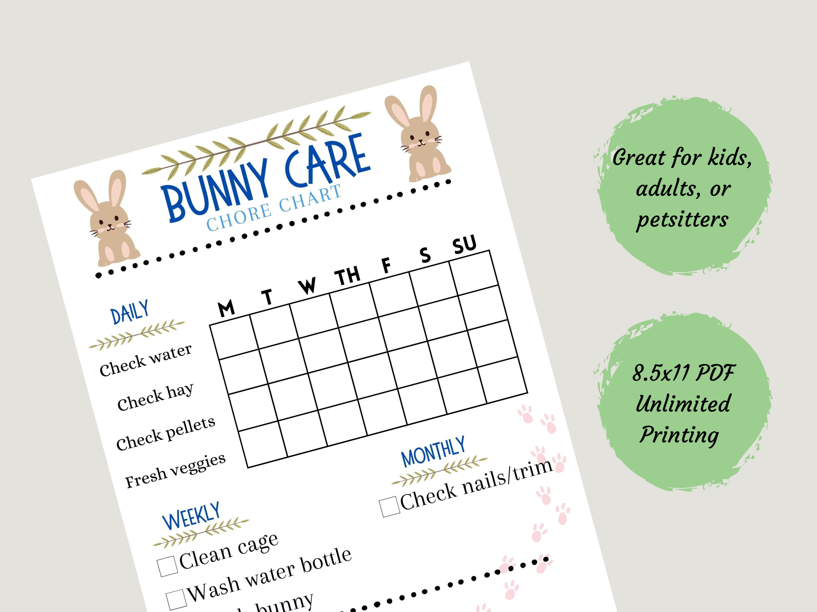 Bunny Chore Chart Printable Rabbit Care List for Kids, Adults or ...