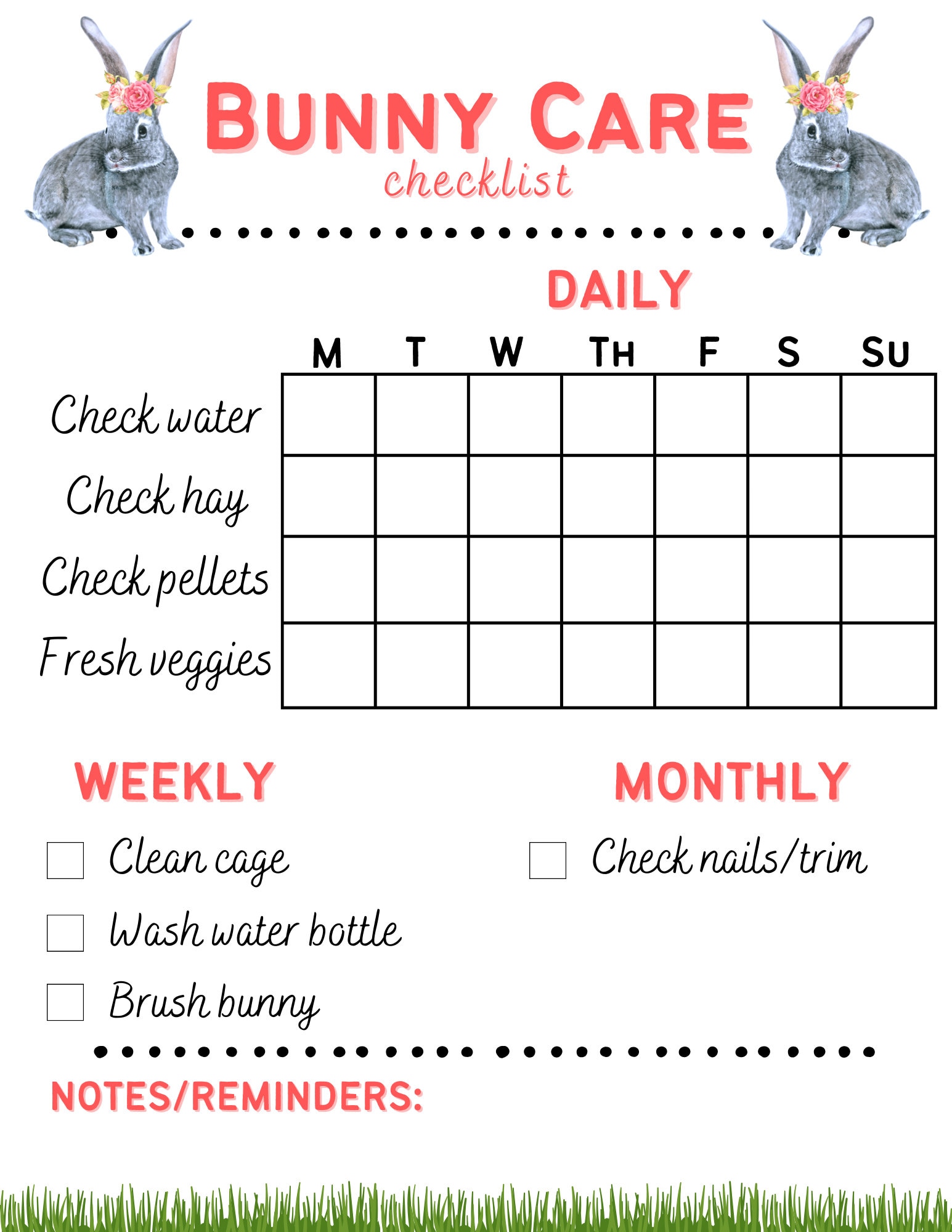 Bunny Care Chore Chart | 3 Colors Daily & Weekly Rabbit Care Tracker ...