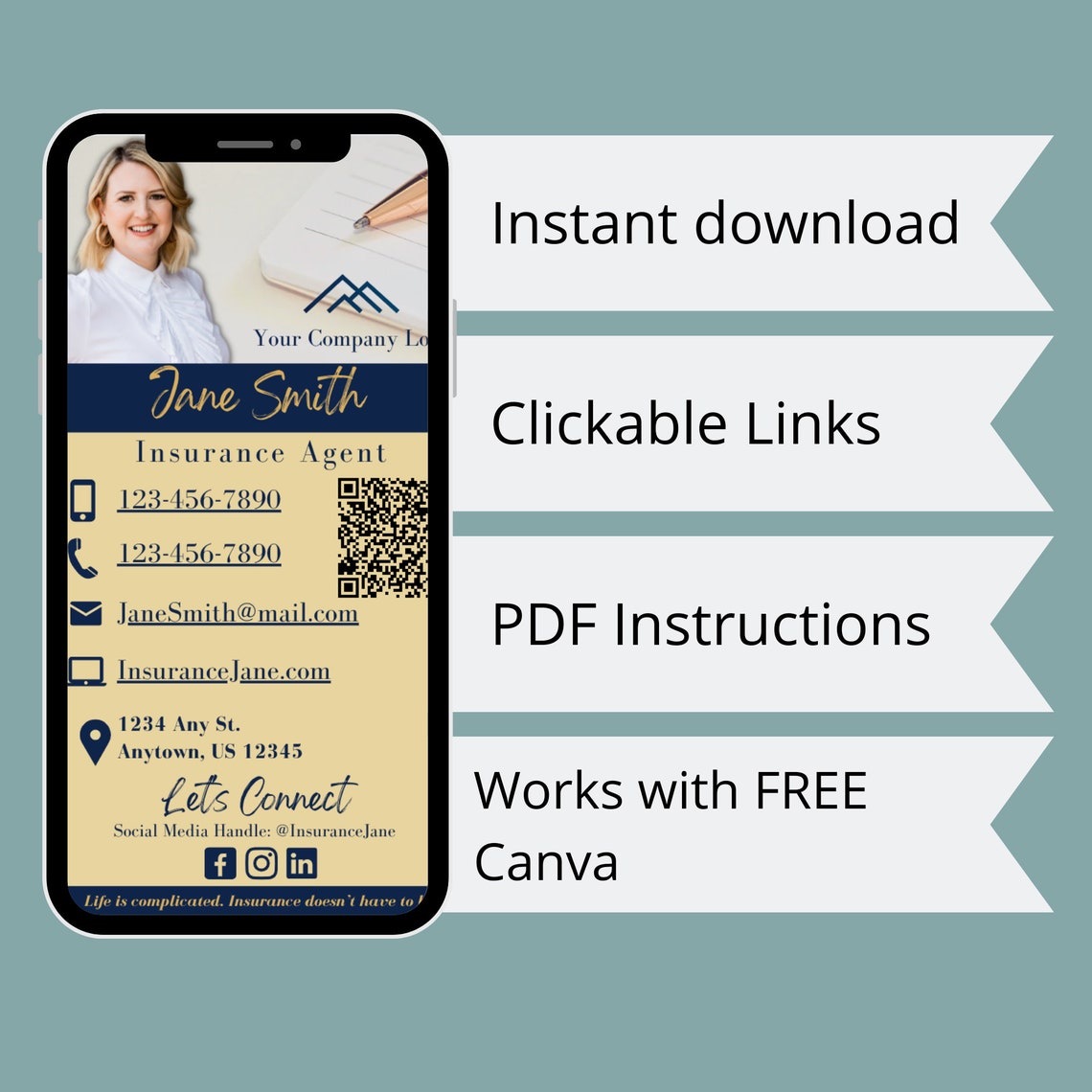 Digital Business Card QR Code Canva Template Insurance Agent Business ...