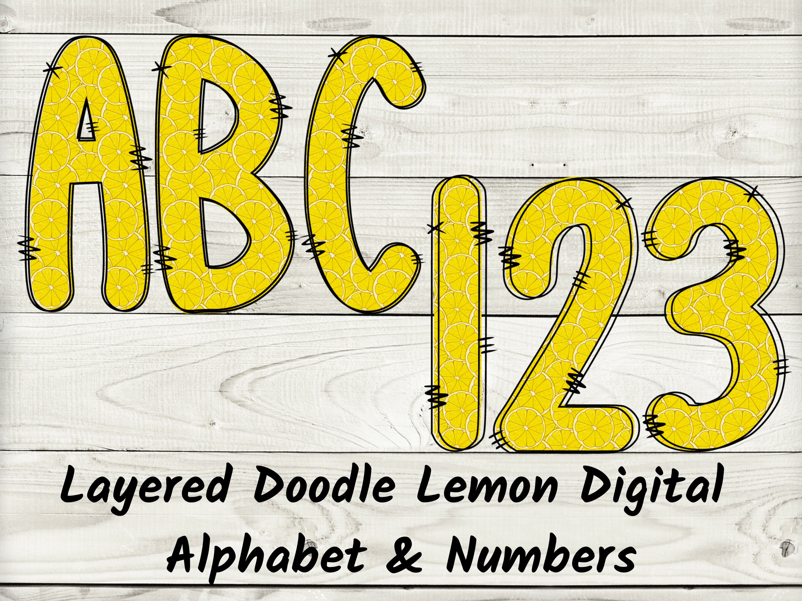 Layered Doodled Lemon Digital Alphabet Set|lemon Font|digital Font ...