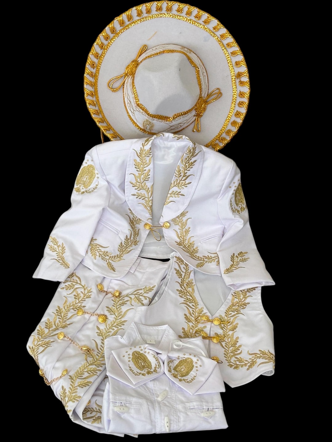6-piece Charro Mariachi Suit White & Gold Embroidery, Virgin Mary Icon ...